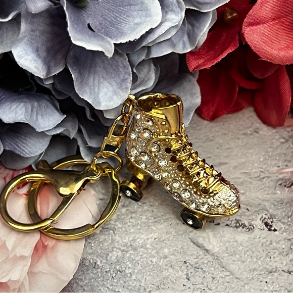 Accessories | Golden Roller Skate With Silver Crystals Keychain Charm ...